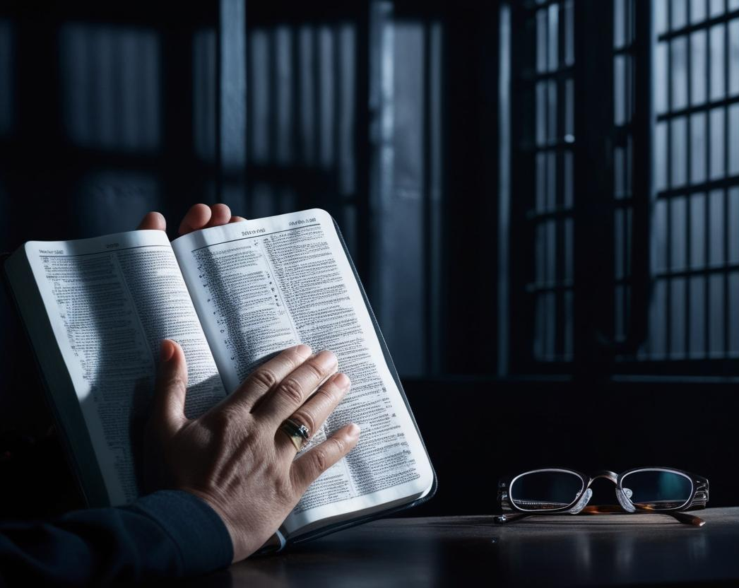Hands holding Bible inside prison cell in shadows with pair of glasses ...