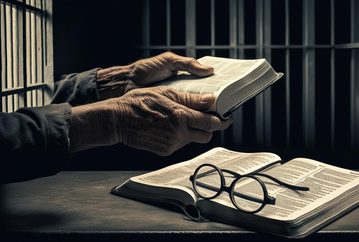 Jesus holding Bible inside prison cell in shadows with pair of reading ...